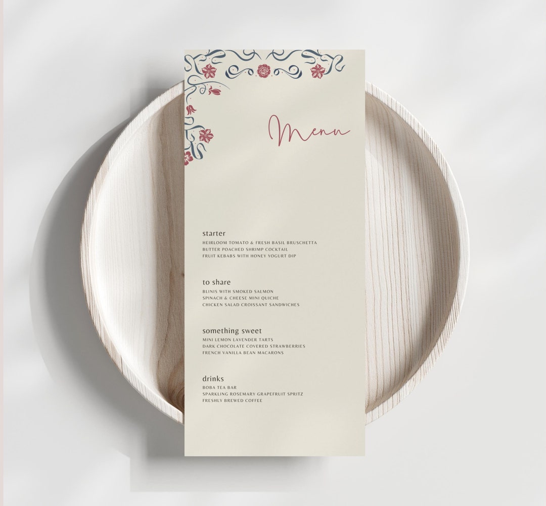 Minimalist Floral Menu Card Place Setting Bridal Shower Menu Card for ...