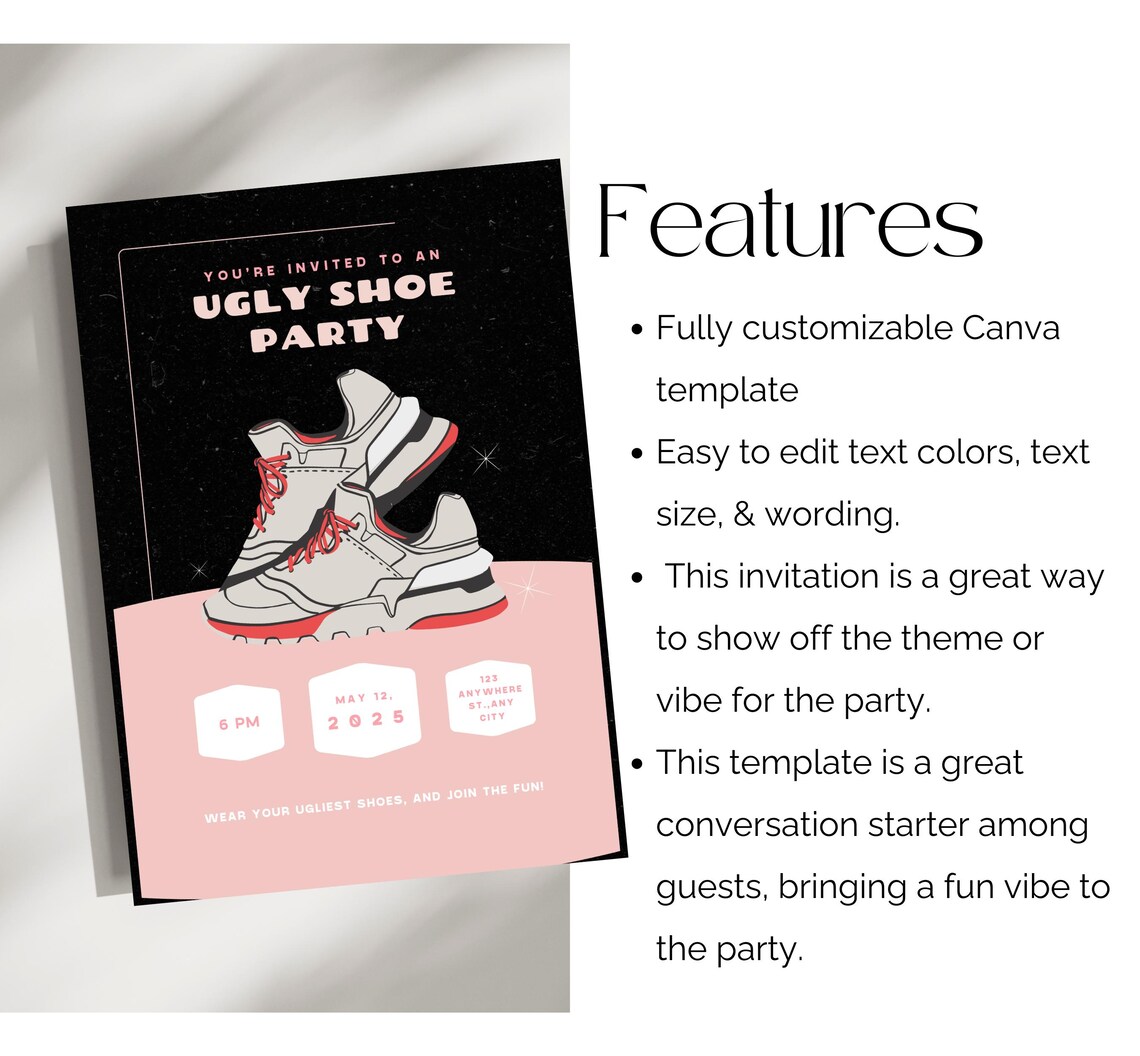 Ugly Shoe Party Invitation Pink Sneaker Ball Invitation Template Girl ...
