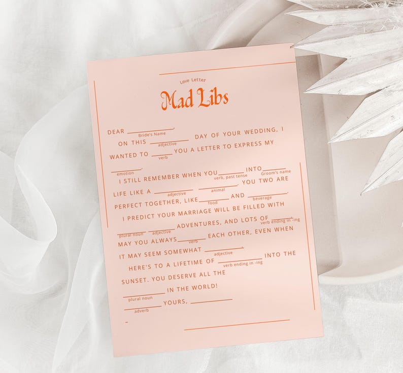 Wedding Mad Libs for Guests Bridal Shower Game Pink Wedding Reception ...
