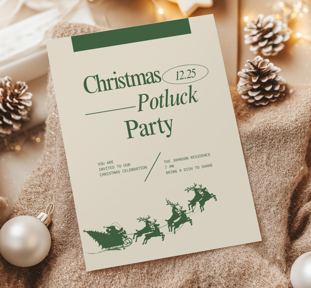 Christmas Potluck Invitation Xmas Party Invitation Retro Santa Sleigh ...