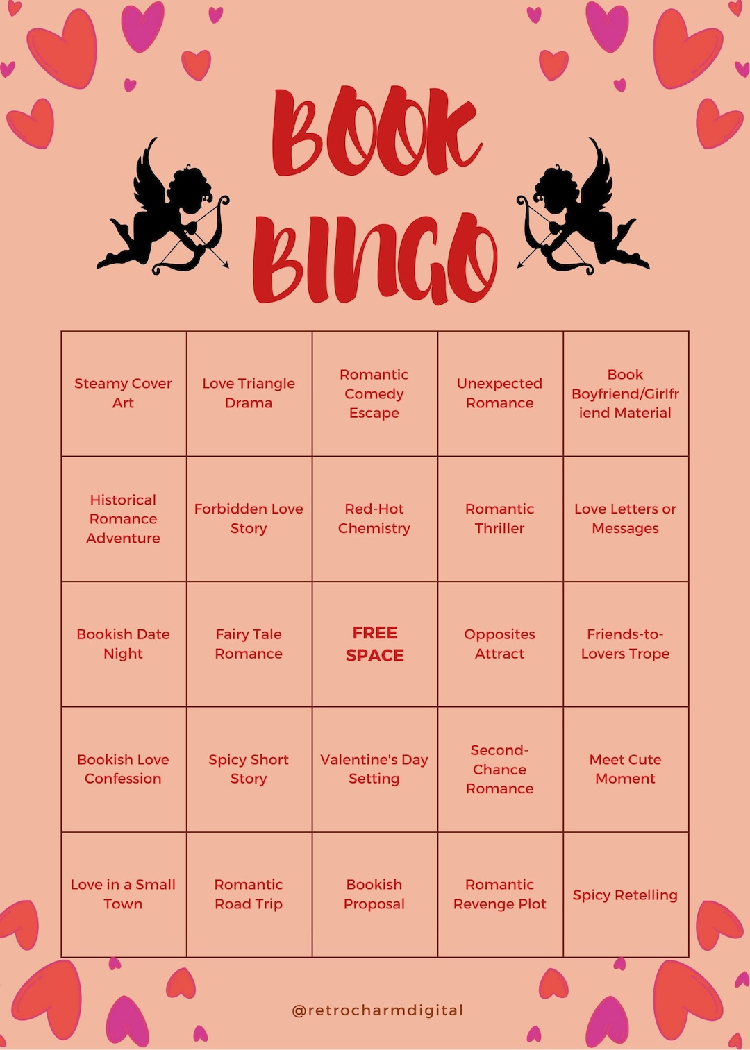 Valentine's Day Book Bingo Printable TBR Reading Challenge love-themed ...
