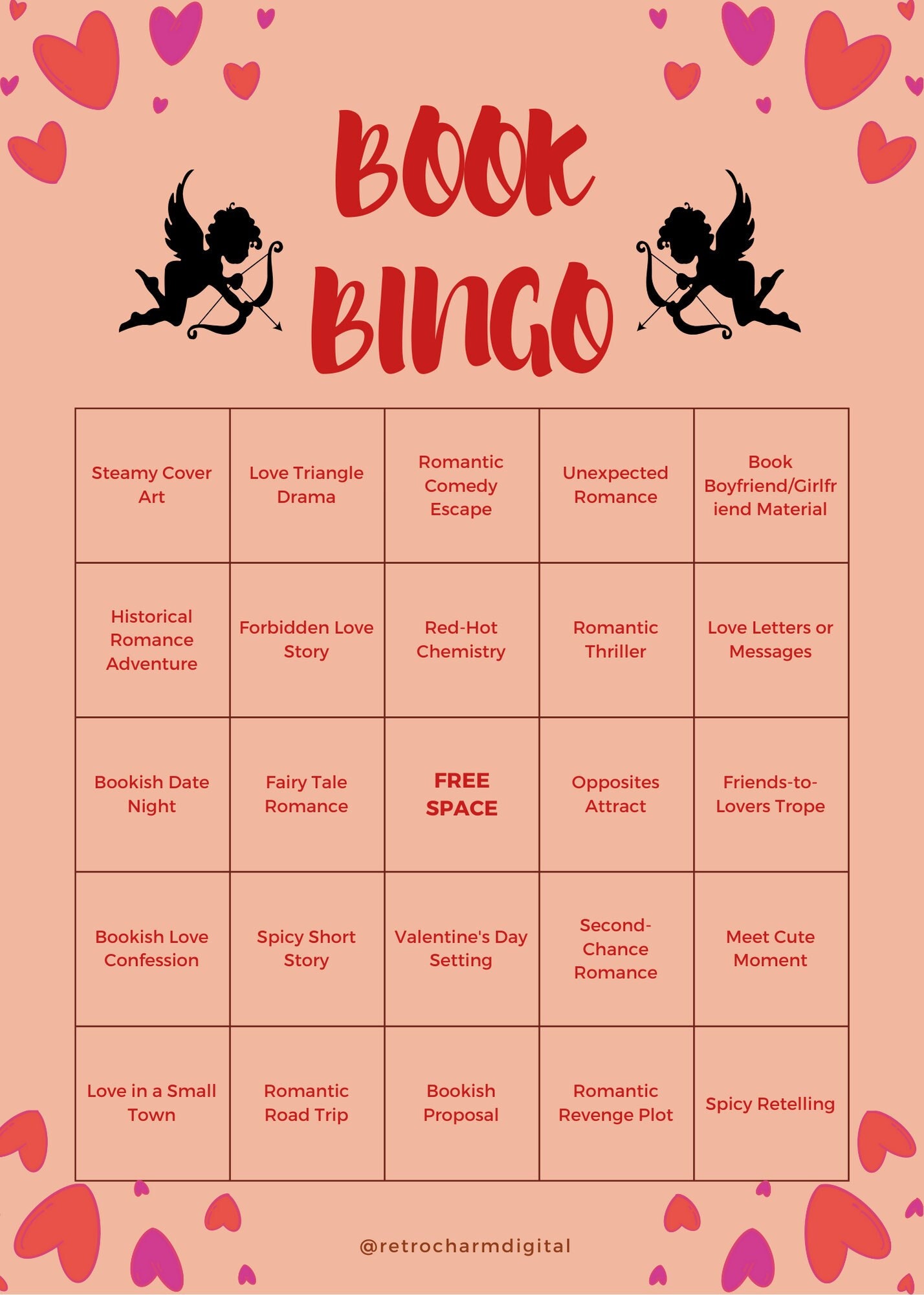 Valentine's Day Book Bingo Printable TBR Reading Challenge love-themed ...