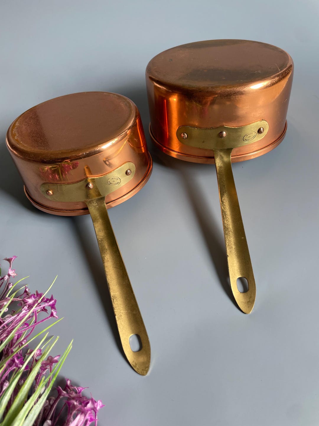 Set of 2 Vintage Copper Pots / Brass Handles / Saucer / Made in ...