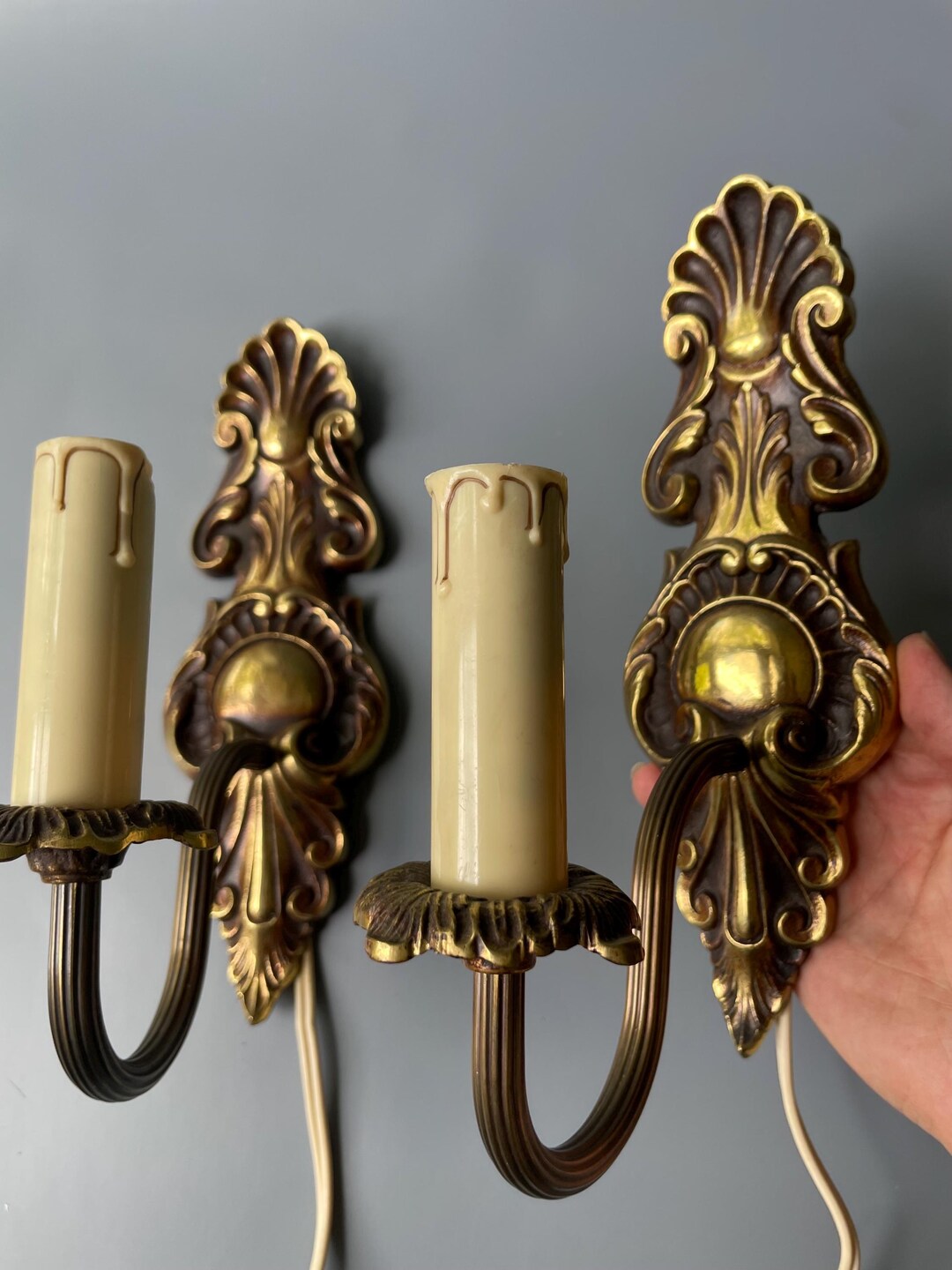 Pair of Vintage Brass Sconces / Ornate Floral Motif / Home Decor Wall ...