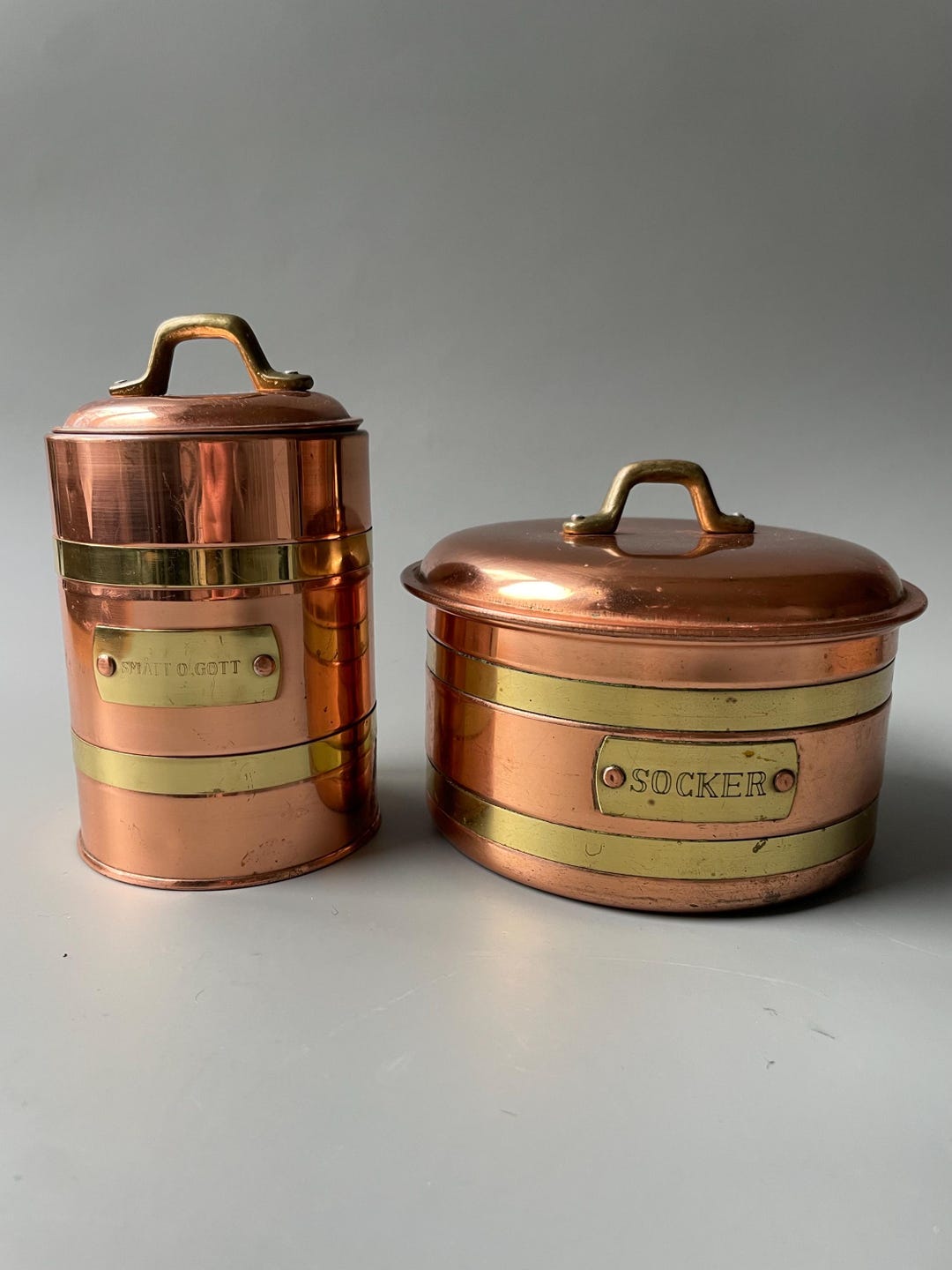 Set of 2 Vintage Swedish Copper Canisters / Lidded / Vintage Copperware / Brass Handles and Tags ...