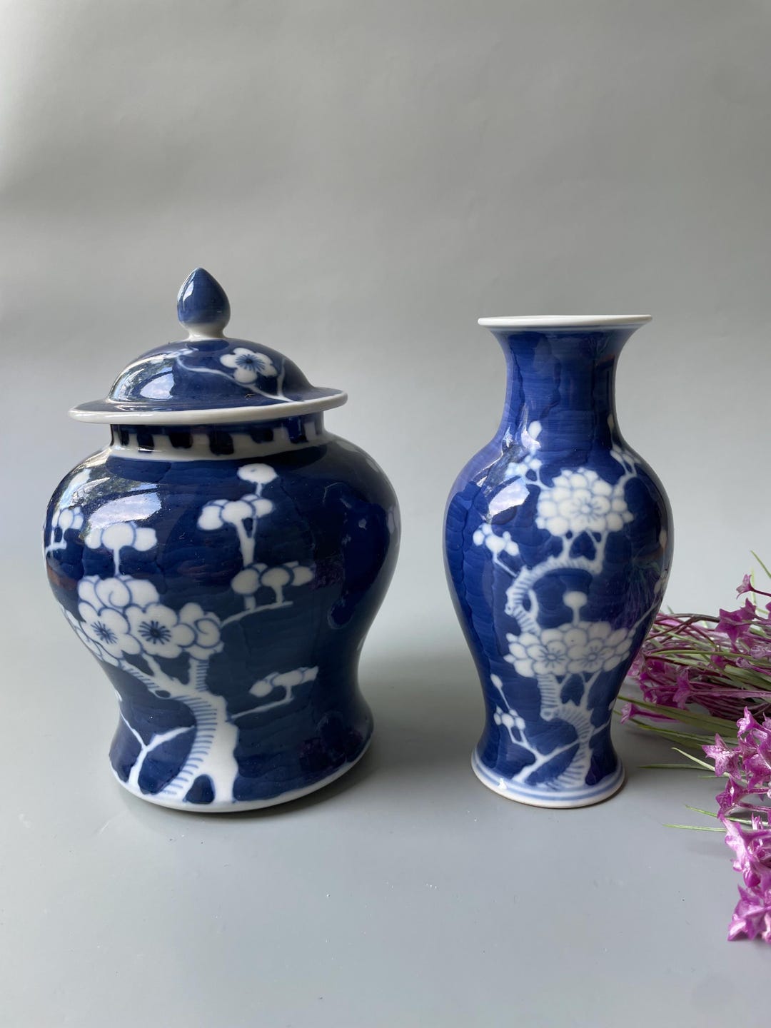 Vintage Set of Ginger Jar & Vase / Hand Painted / Lidded / Floral ...