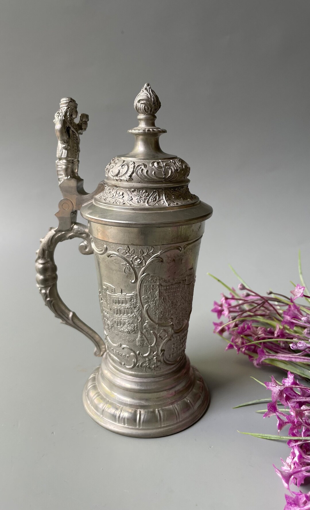 Vintage German Pewter Tankard / Small Jug / Decorative Handle / Ornate ...