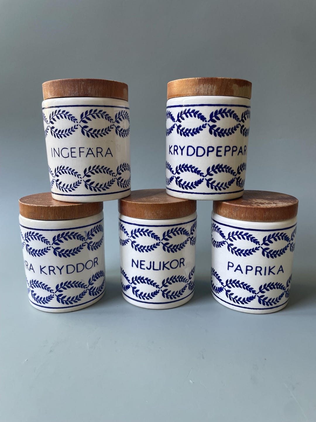 Set of 5 Vintage Spice Jars / Condiment Canisters / Hand Painted / Blue ...