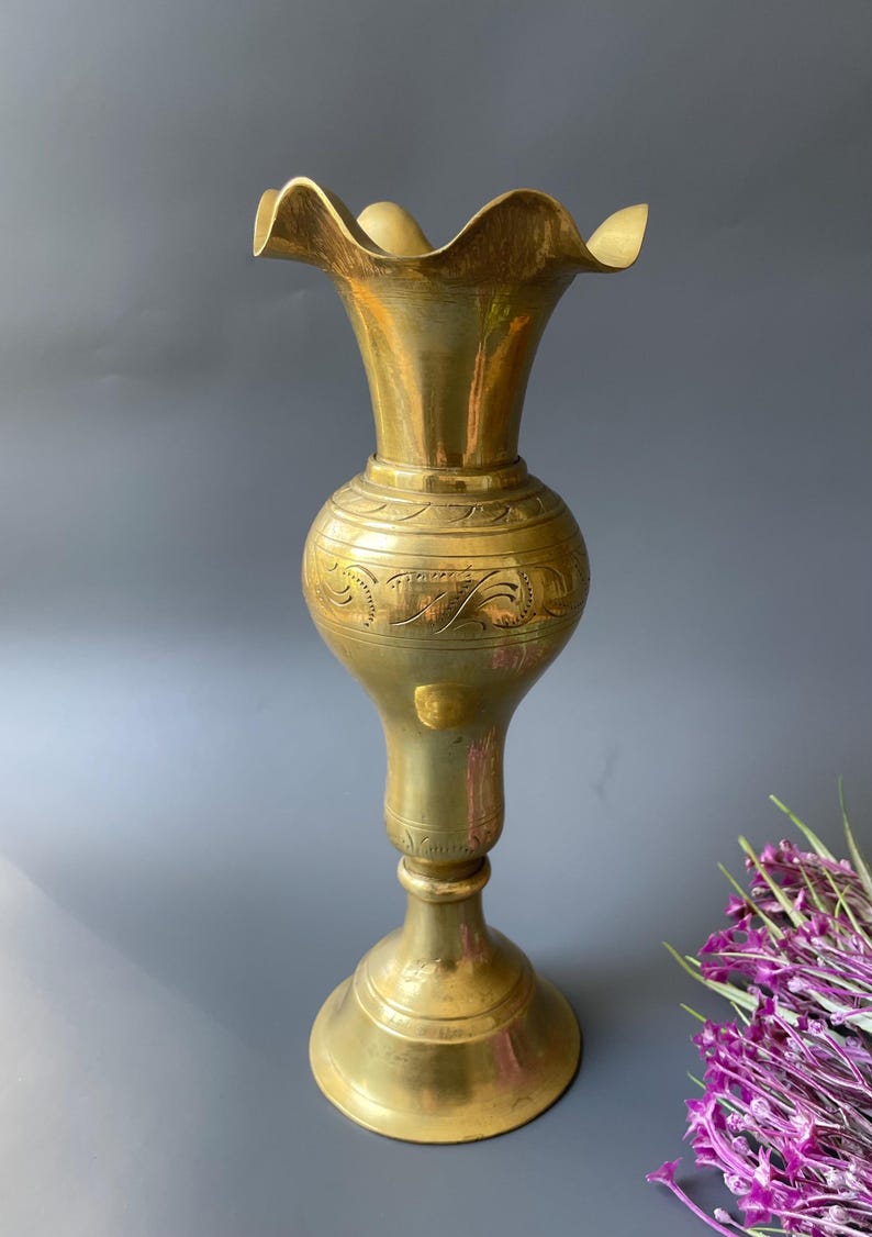 Small Vintage Brass Vase / Engraved / Hand Made / Pedestal Vase / Jug ...