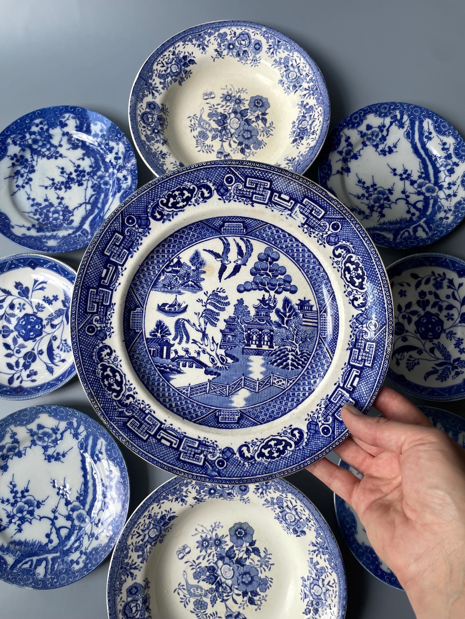 Set of 9 Vintage Porcelain Plates, Blue and White Floral Pattern ...