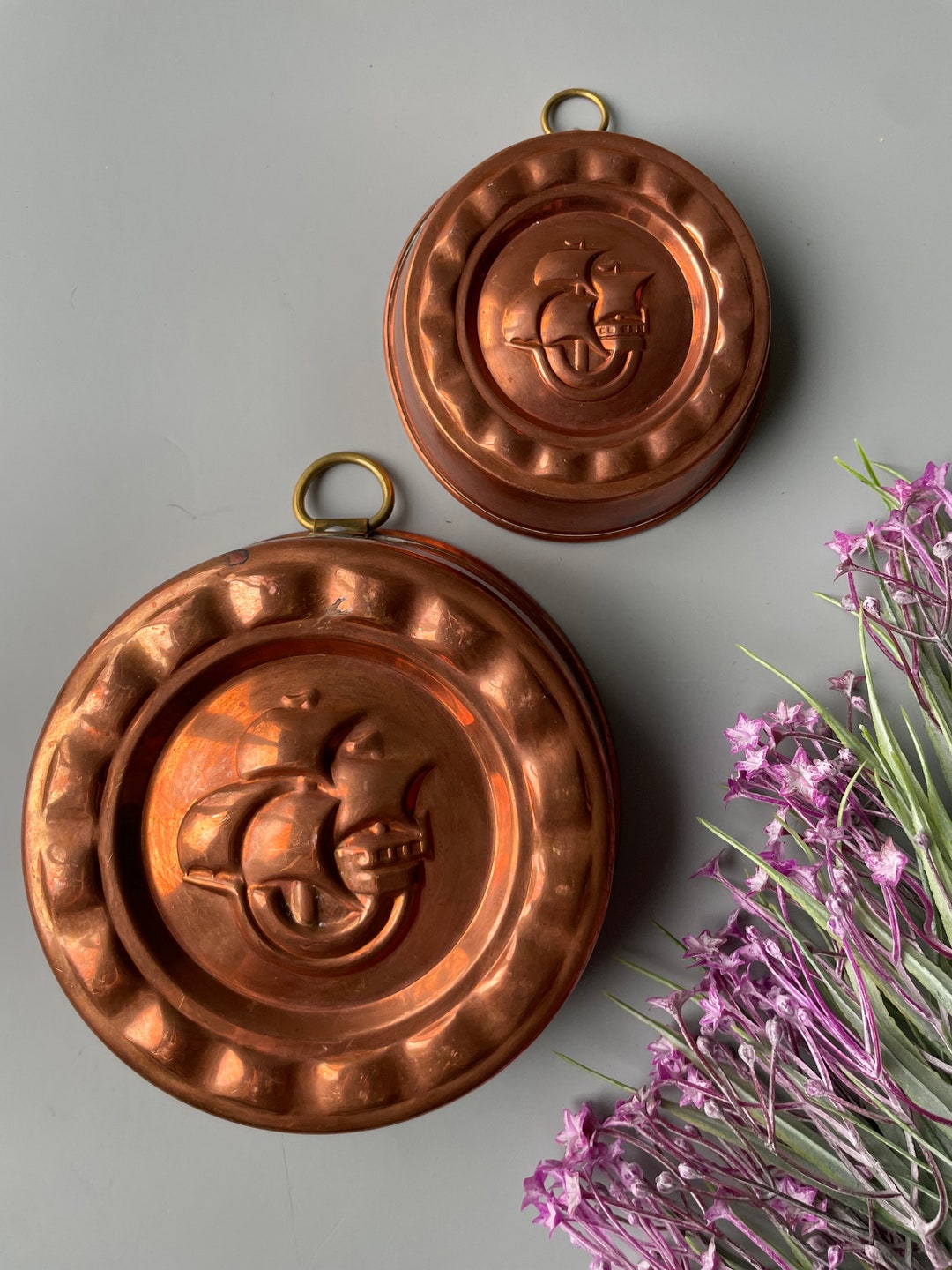 Set of 2 Small Vintage Copper Molds With Brass Hooks / Naval Motif ...