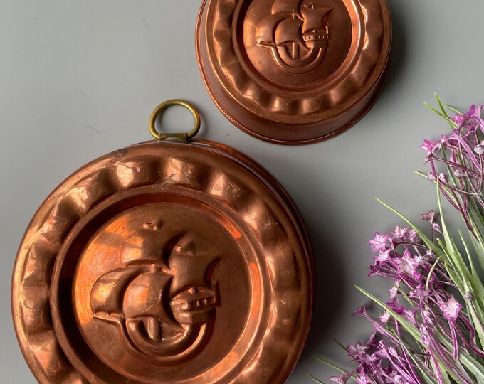 Set of 2 Small Vintage Copper Molds With Brass Hooks / Naval Motif ...