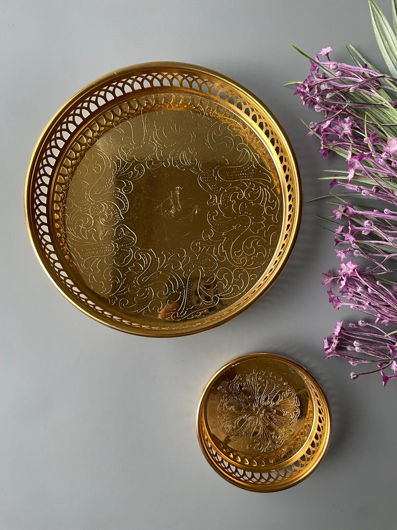 Set of 2 Vintage Swedish Scandia Serving Trays / Gold Plated / Ornate ...