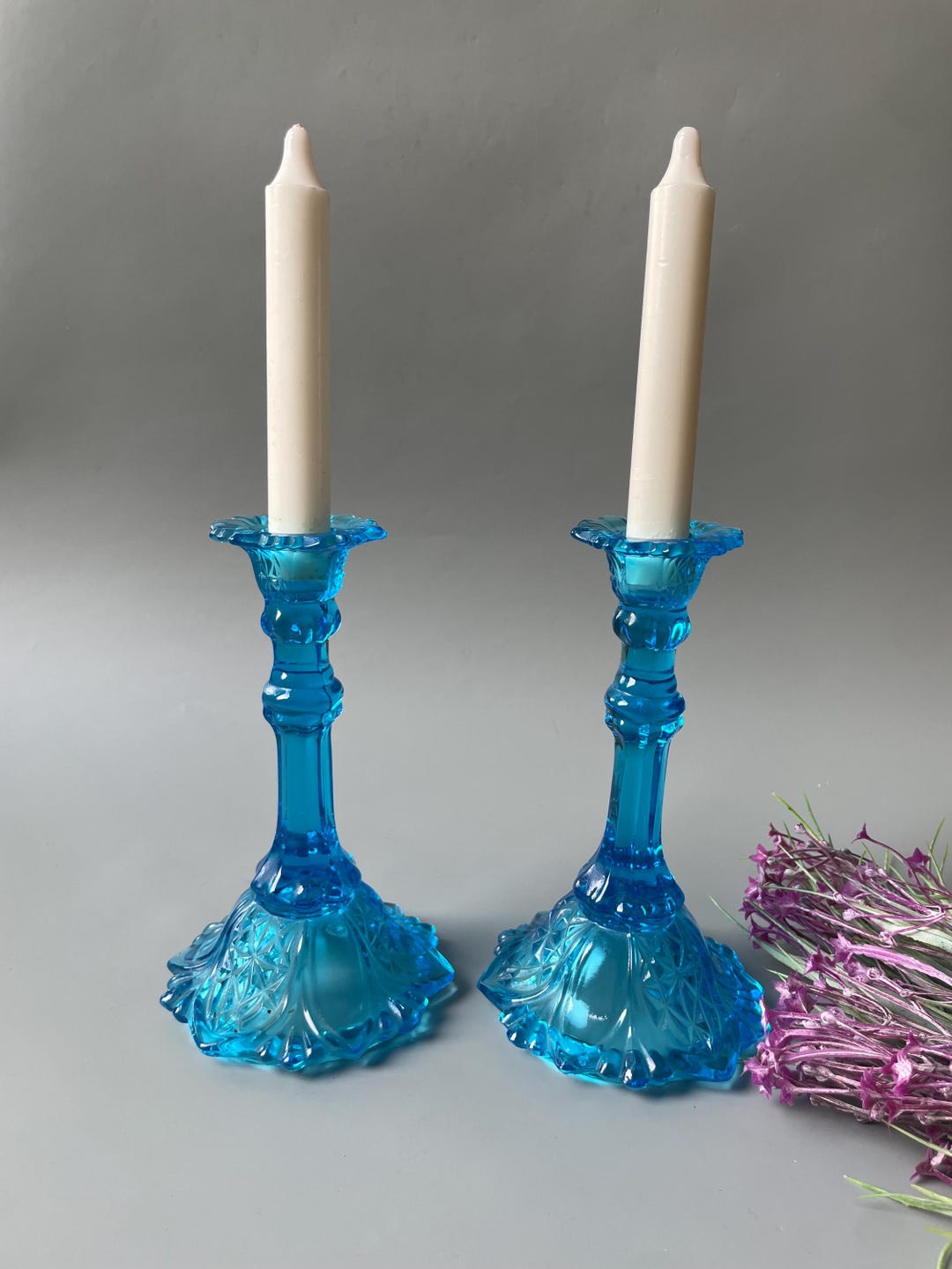 Vintage Pair of Pressed Glass Candlesticks / Light Blue Color / Ornate ...