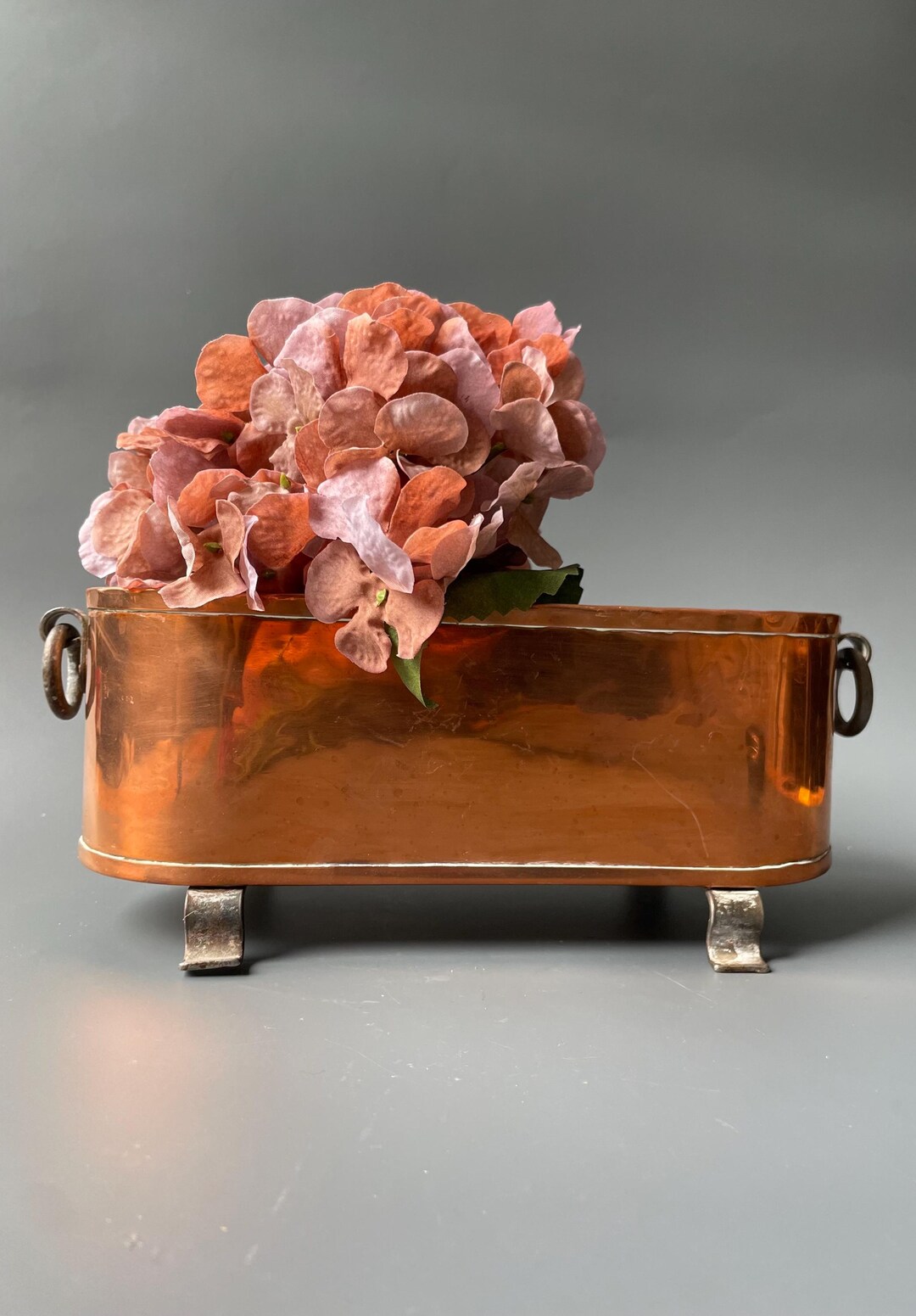 Vintage Footed Copper Bowl / Raised Tray Metal Ring Hooks / Small ...