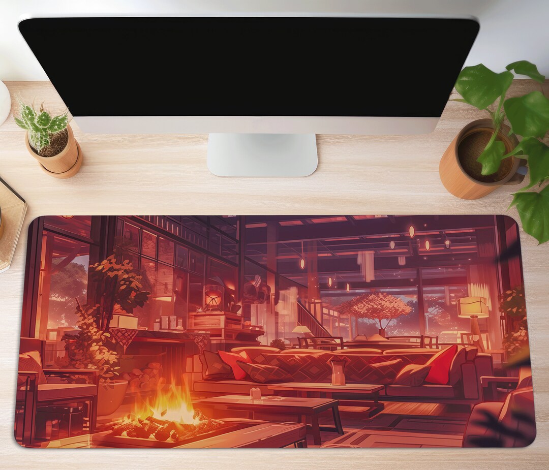 Cozy Fire Deskmat XL Long Mouse Pad Calming Computer Mat Lofi Cafe Cozy ...