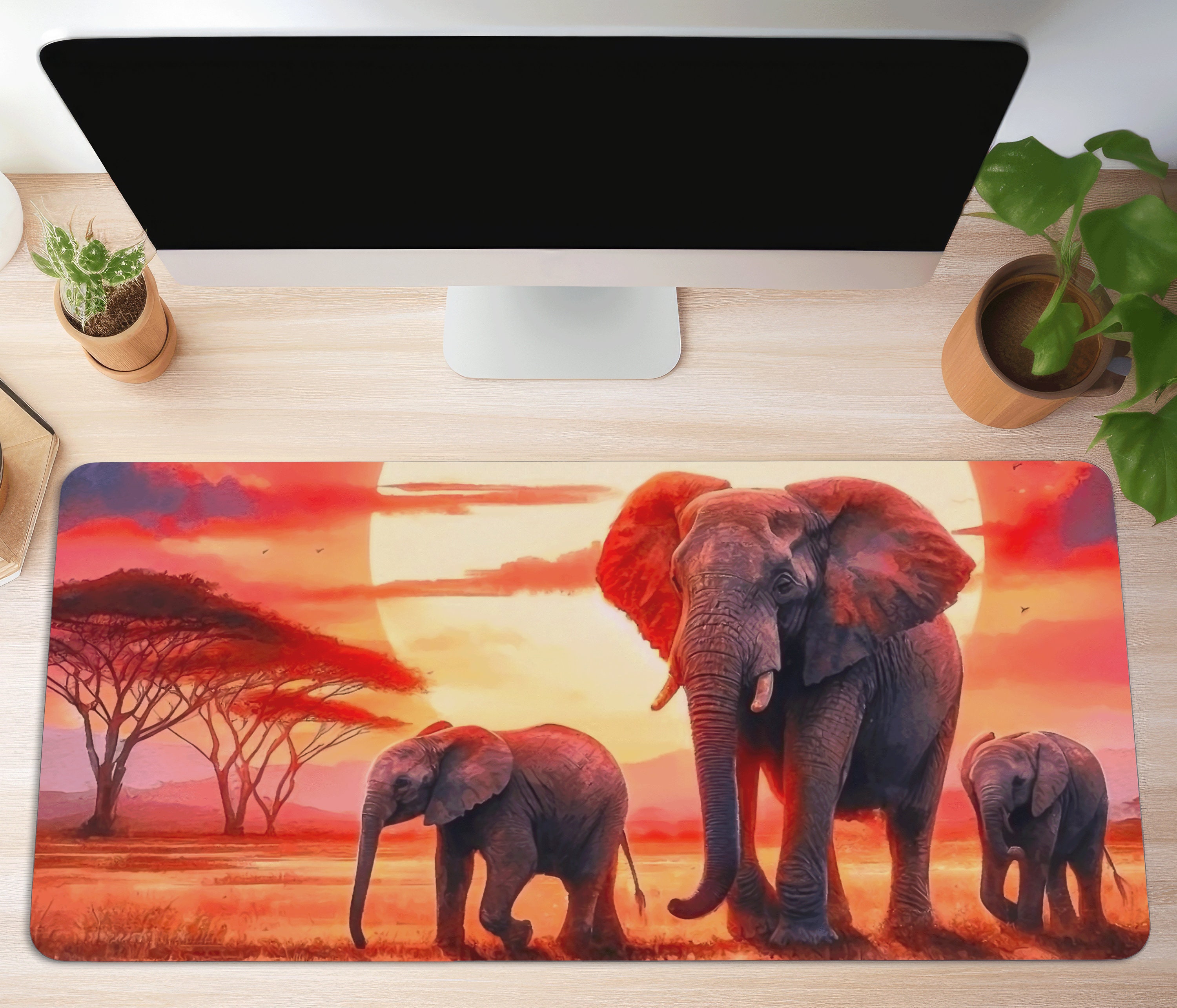 Mousepad Elephant Tribe Deskmat Cozy Workspace, African Art Sunset ...