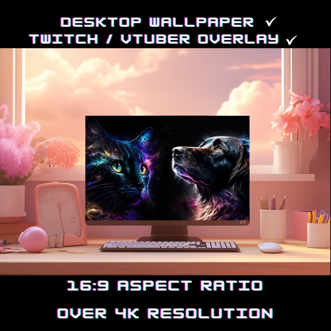 Digital Wallpaper Cat and Dog Space Background PC Ipad, Stars Desktop ...