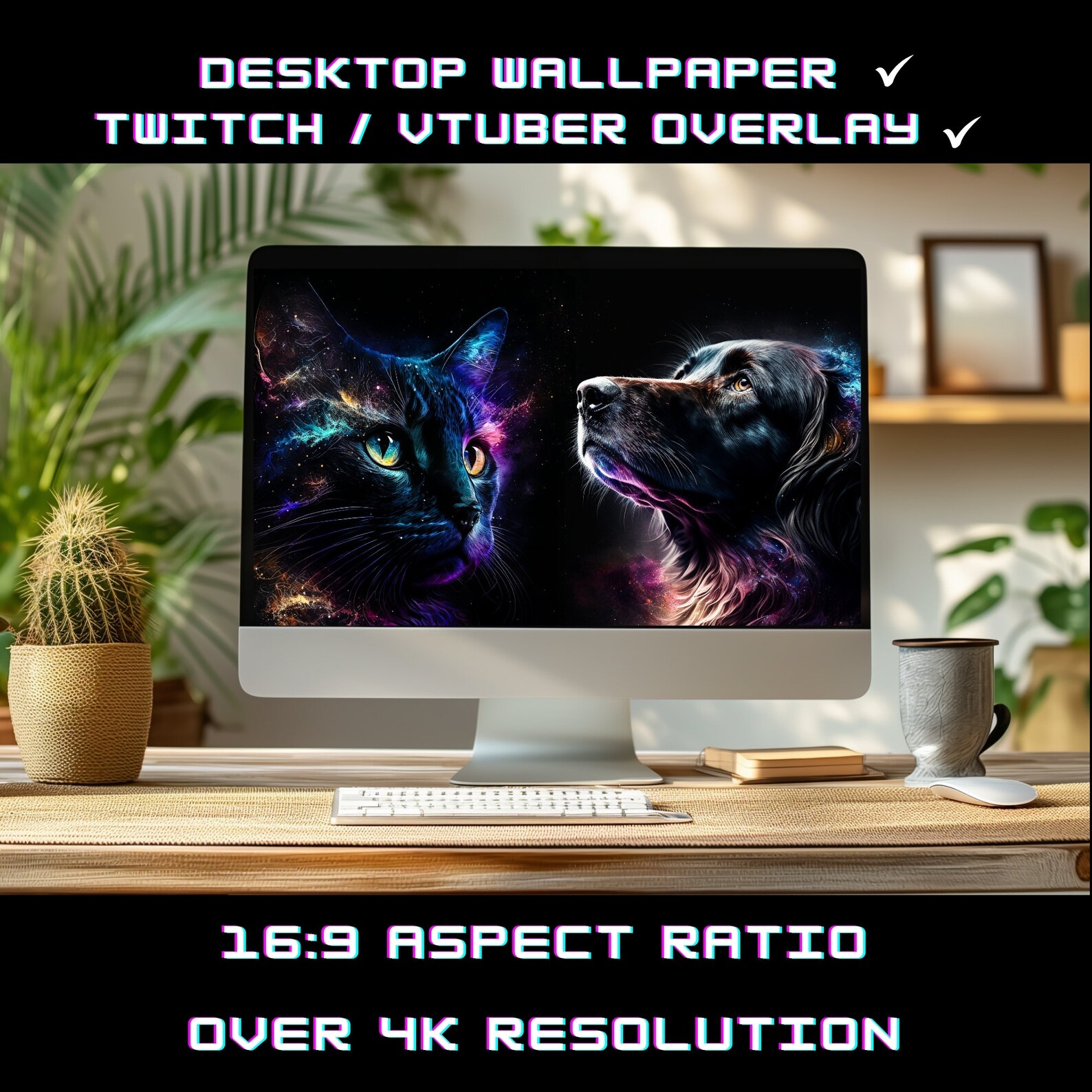 Digital Wallpaper Cat and Dog Space Background PC Ipad, Stars Desktop ...