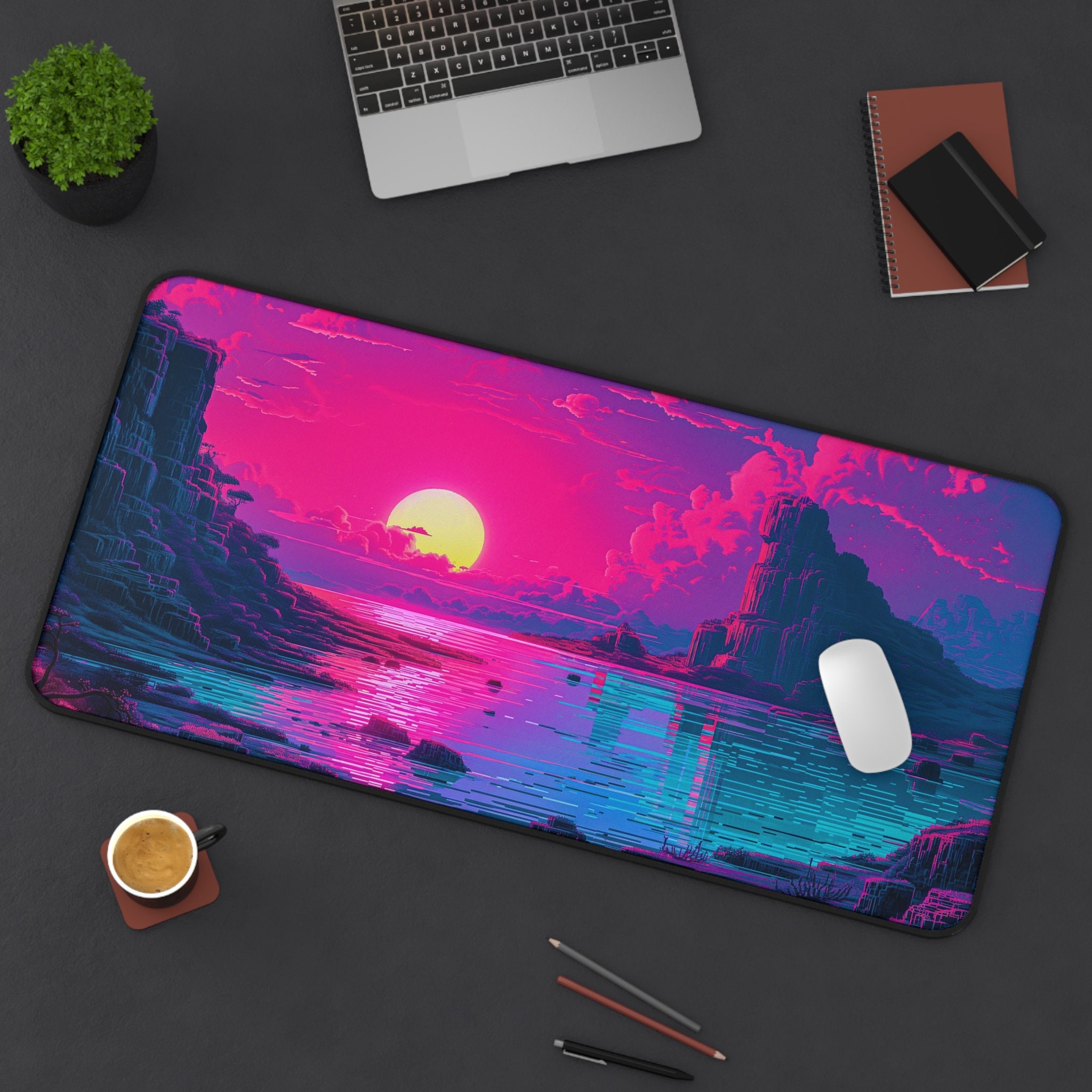 Pixel Art Deskmat Synthwave Retro Mousepad Vaporwave Sunset Ocean ...