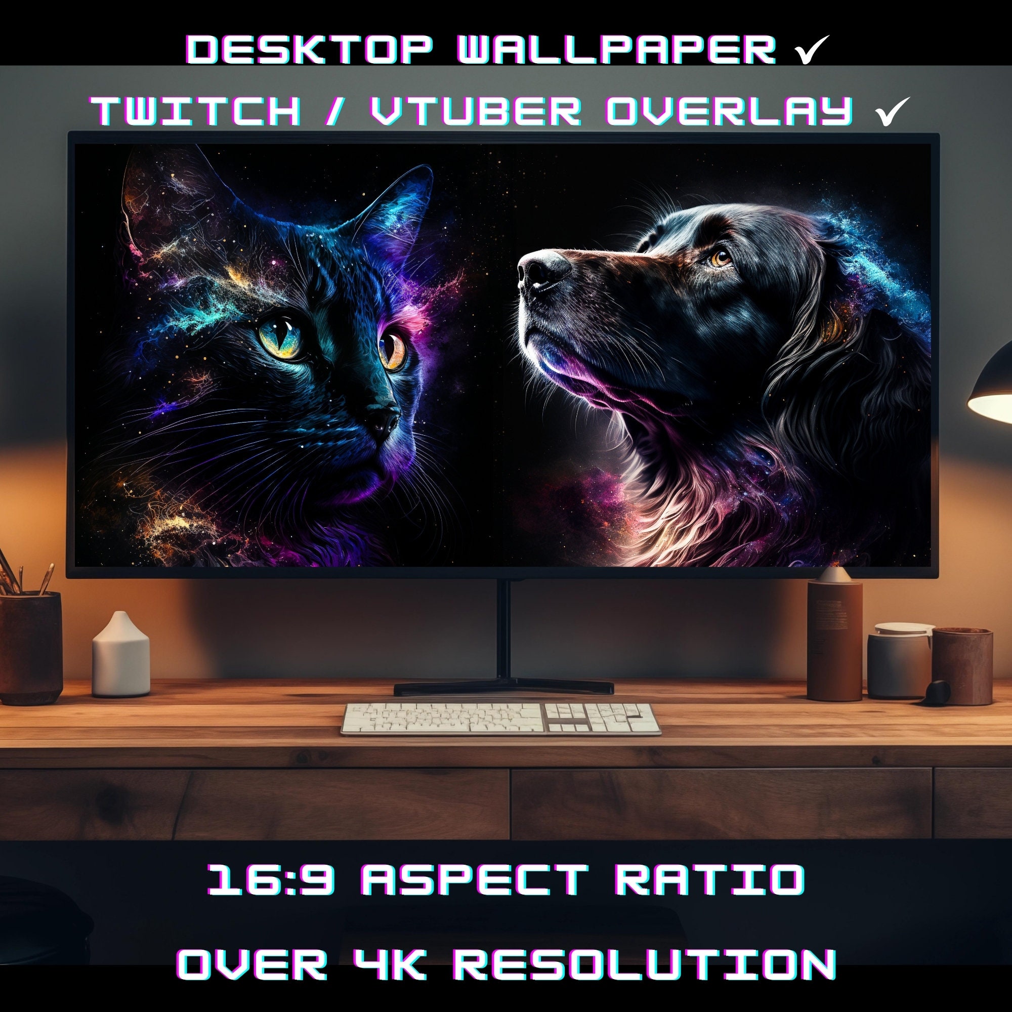 Digital Wallpaper Cat and Dog Space Background PC Ipad, Stars Desktop ...