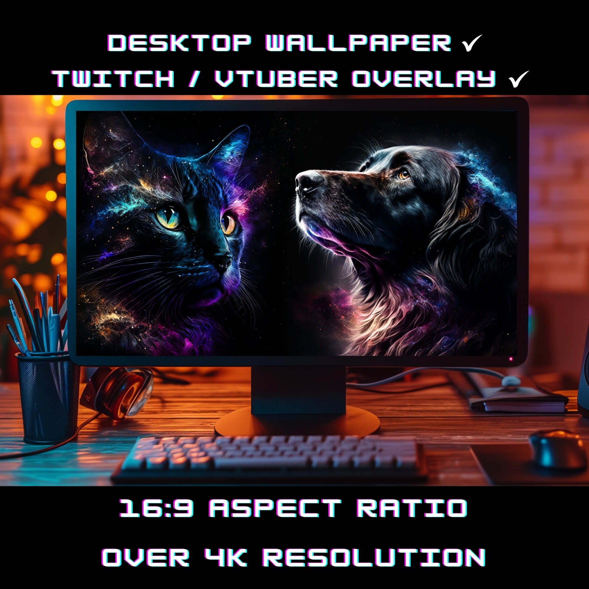 Digital Wallpaper Cat and Dog Space Background PC Ipad, Stars Desktop ...