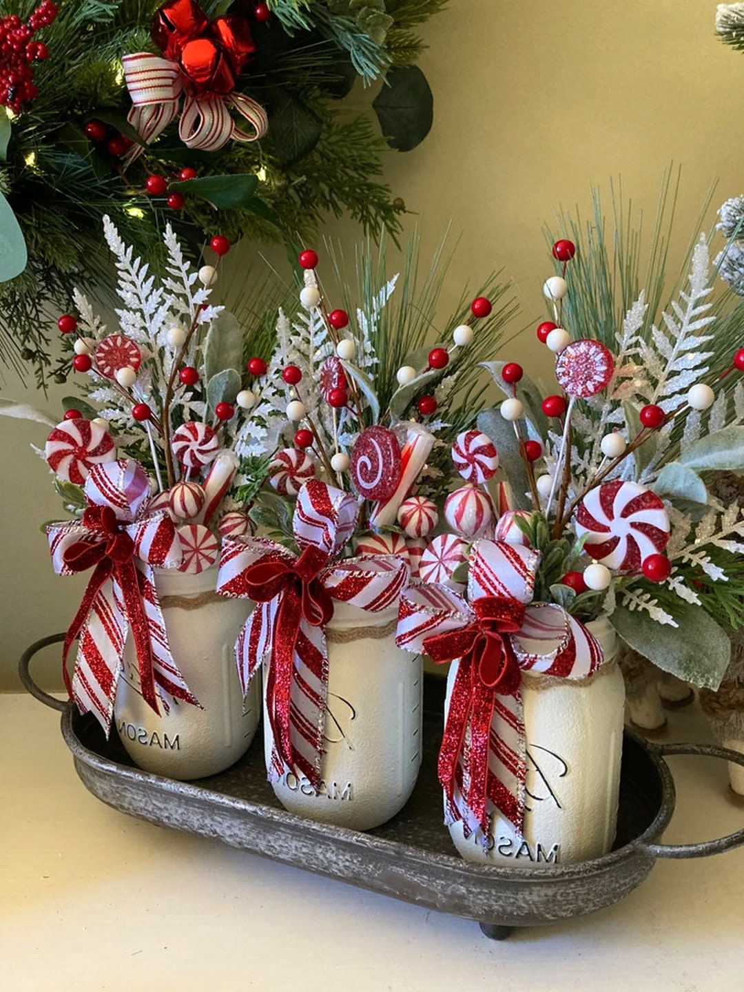 Christmas Mason Jar Centerpiece With Bows Holiday Centerpiece - Etsy