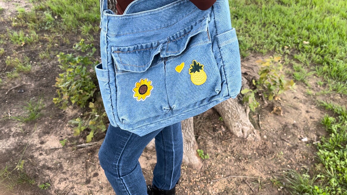 Y2K Retro Denim Yellow Sunflower Patchwork Multi Pocket Casual Daily Bag, Handmade Shoulder Bag ...