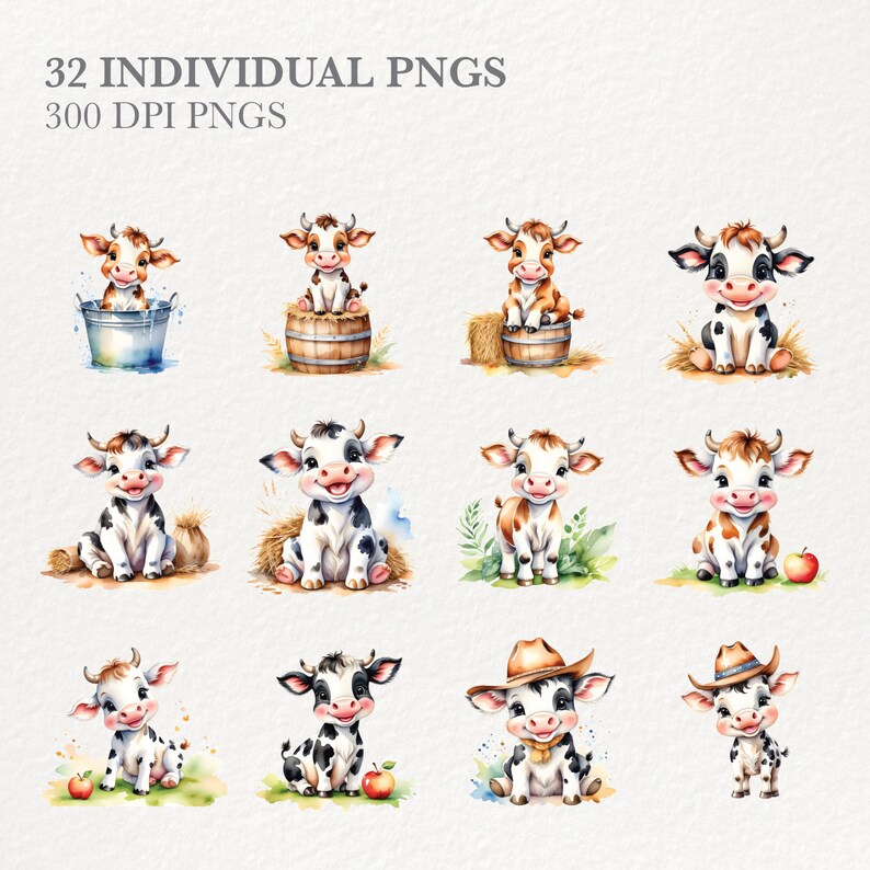 Cute Baby Cow Watercolor Clipart, Digital Download, Nursery Wall Art ...