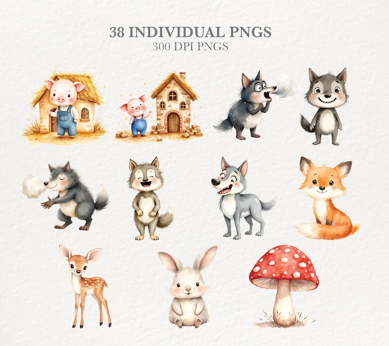 Three Little Pigs Clipart , Cute Piglet, Big Bad Wolf, Fairy Tale ...