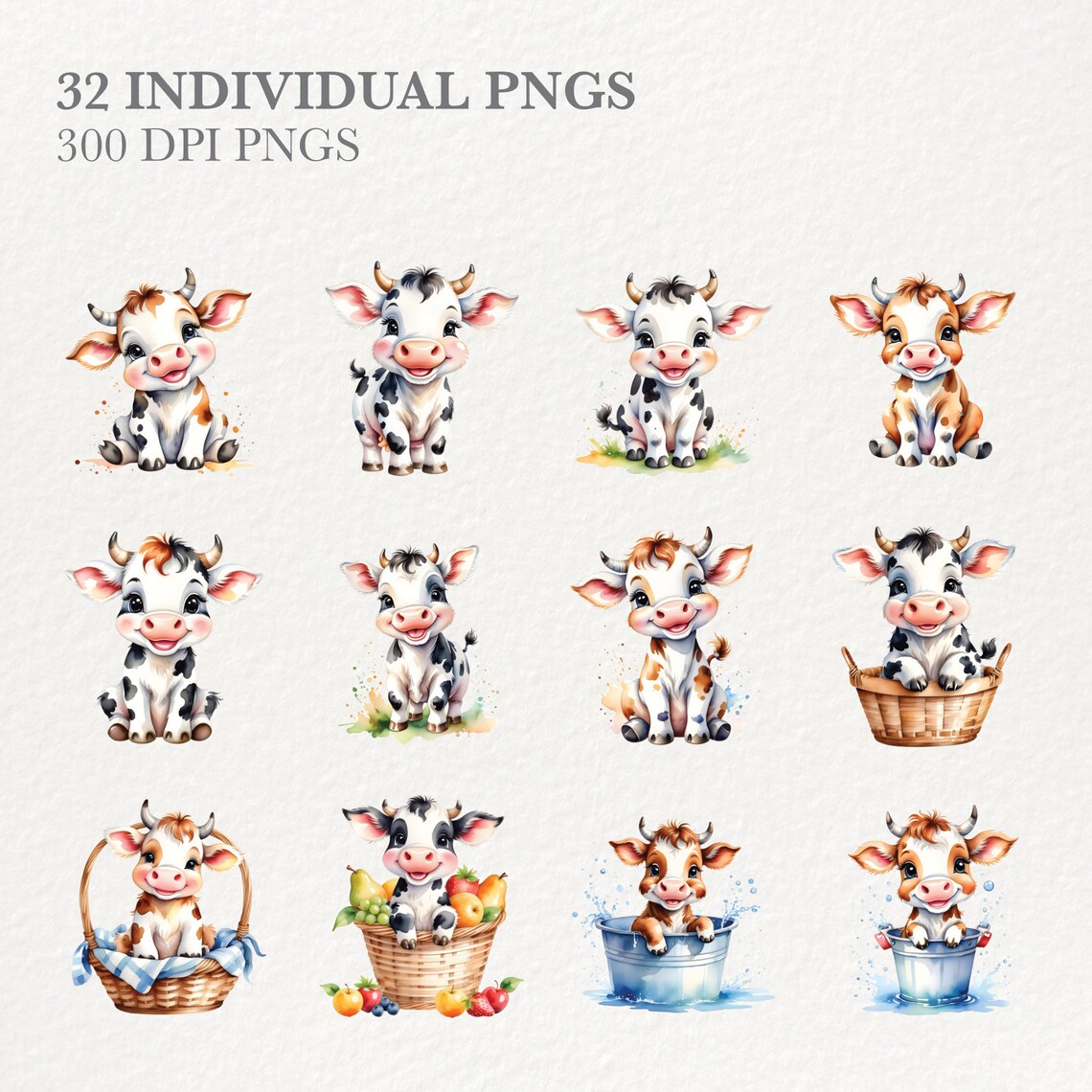 Cute Baby Cow Watercolor Clipart, Digital Download, Nursery Wall Art ...