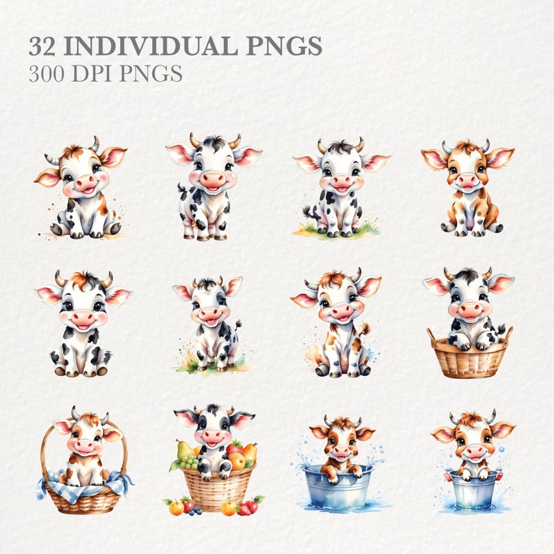 Cute Baby Cow Watercolor Clipart, Digital Download, Nursery Wall Art ...