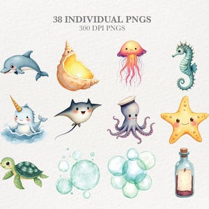 Watercolor Mermaids Clipart, Cute Sea Creatures, Underwater Nursery Art ...