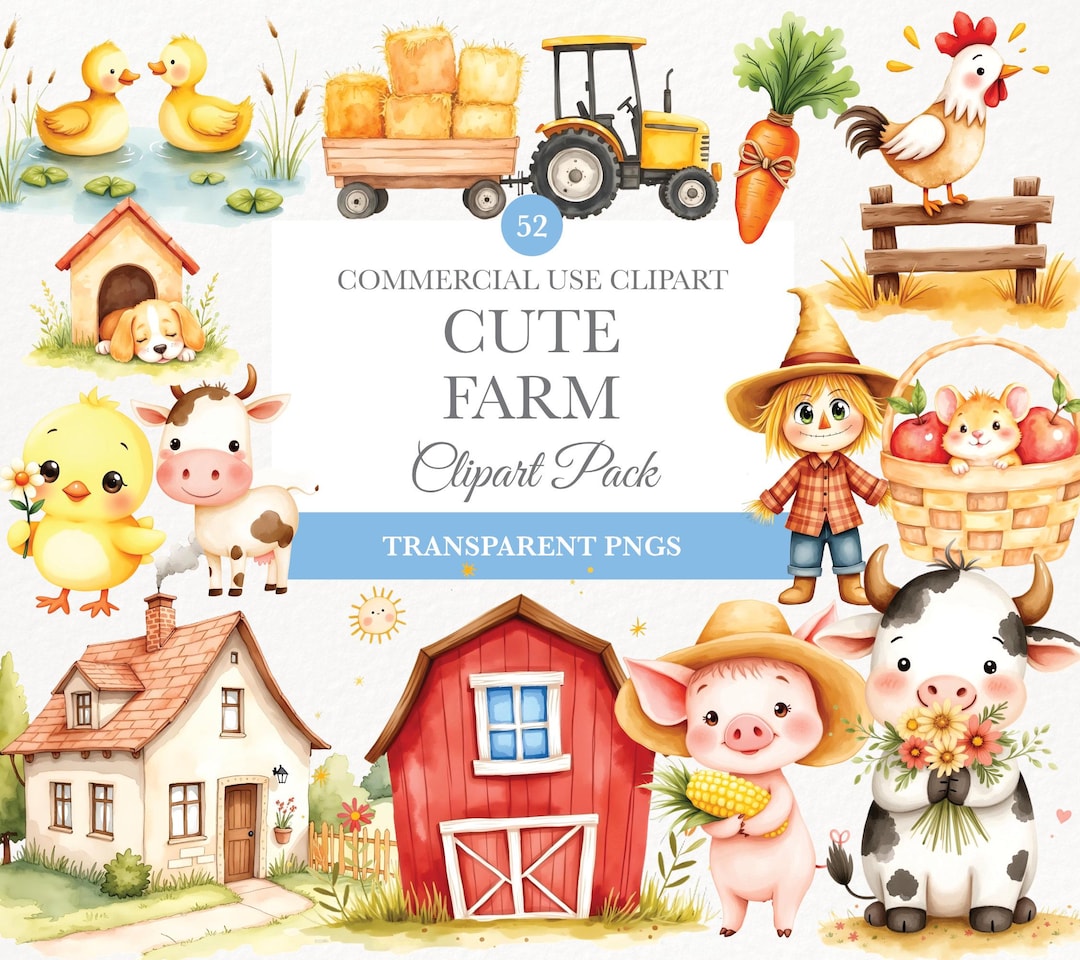 Cute Farm Clipart, Farm Animals Watercolor Digital Download, Nursery ...