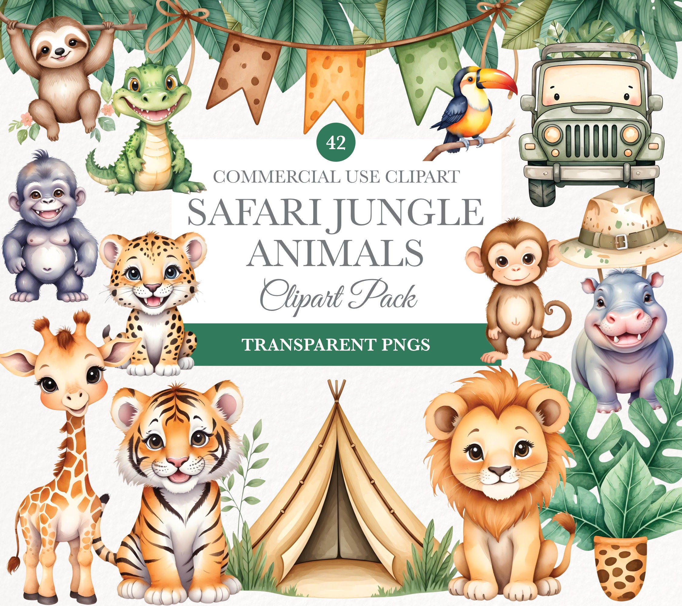 Cute Jungle Animal Clipart Cute Safari Clipart Jungle Etsy