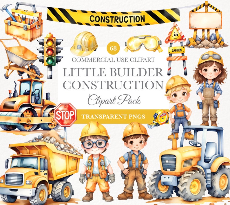 Construction Vehicle Clipart Kids' Watercolor, Bulldozer, Crane, Truck ...