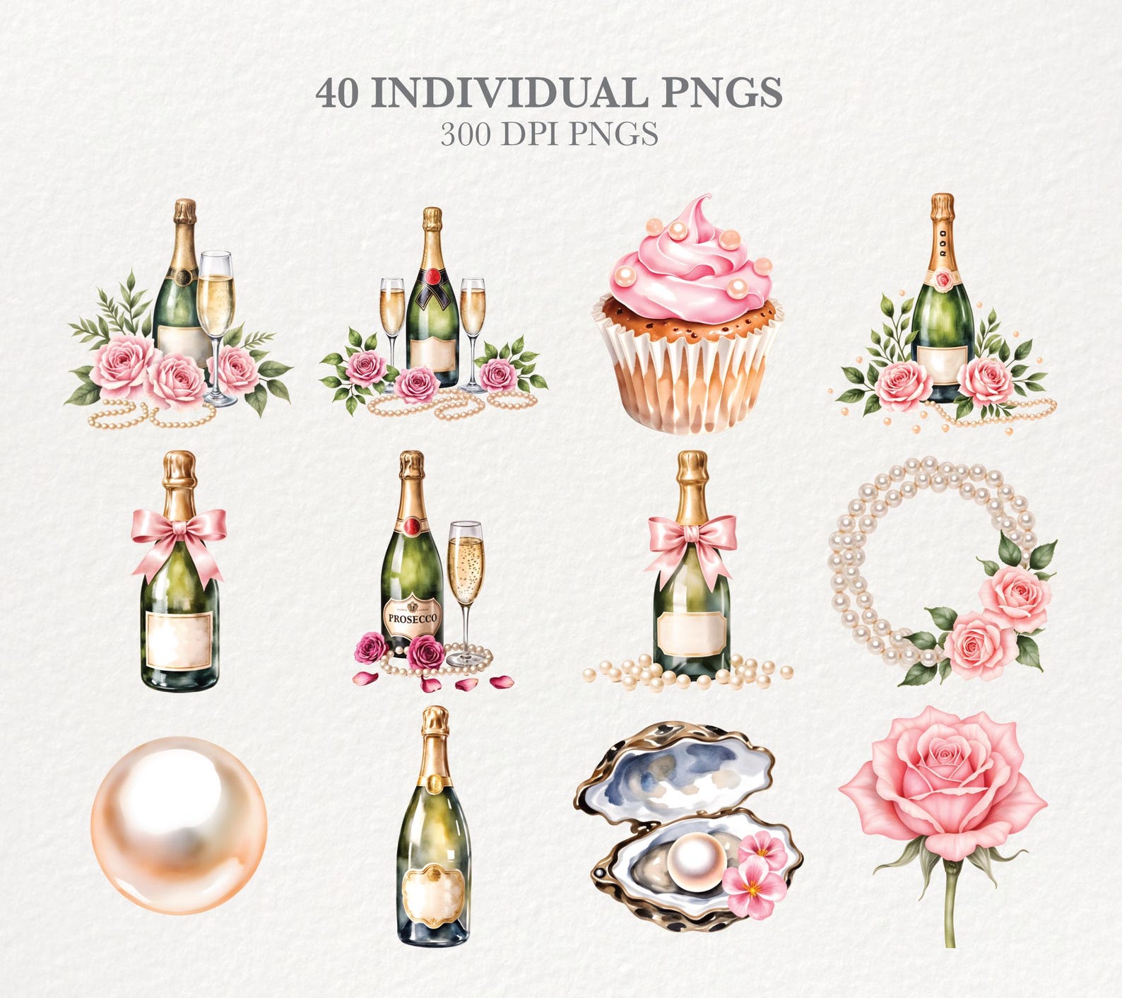 Pearls and Prosecco Clipart: Watercolor Champagne Graphics for Bridal ...