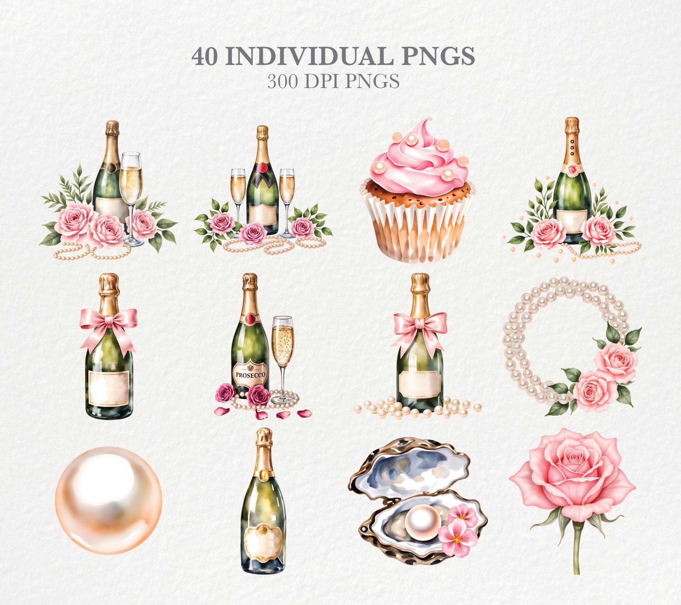 Pearls and Prosecco Clipart: Watercolor Champagne Graphics for Bridal ...