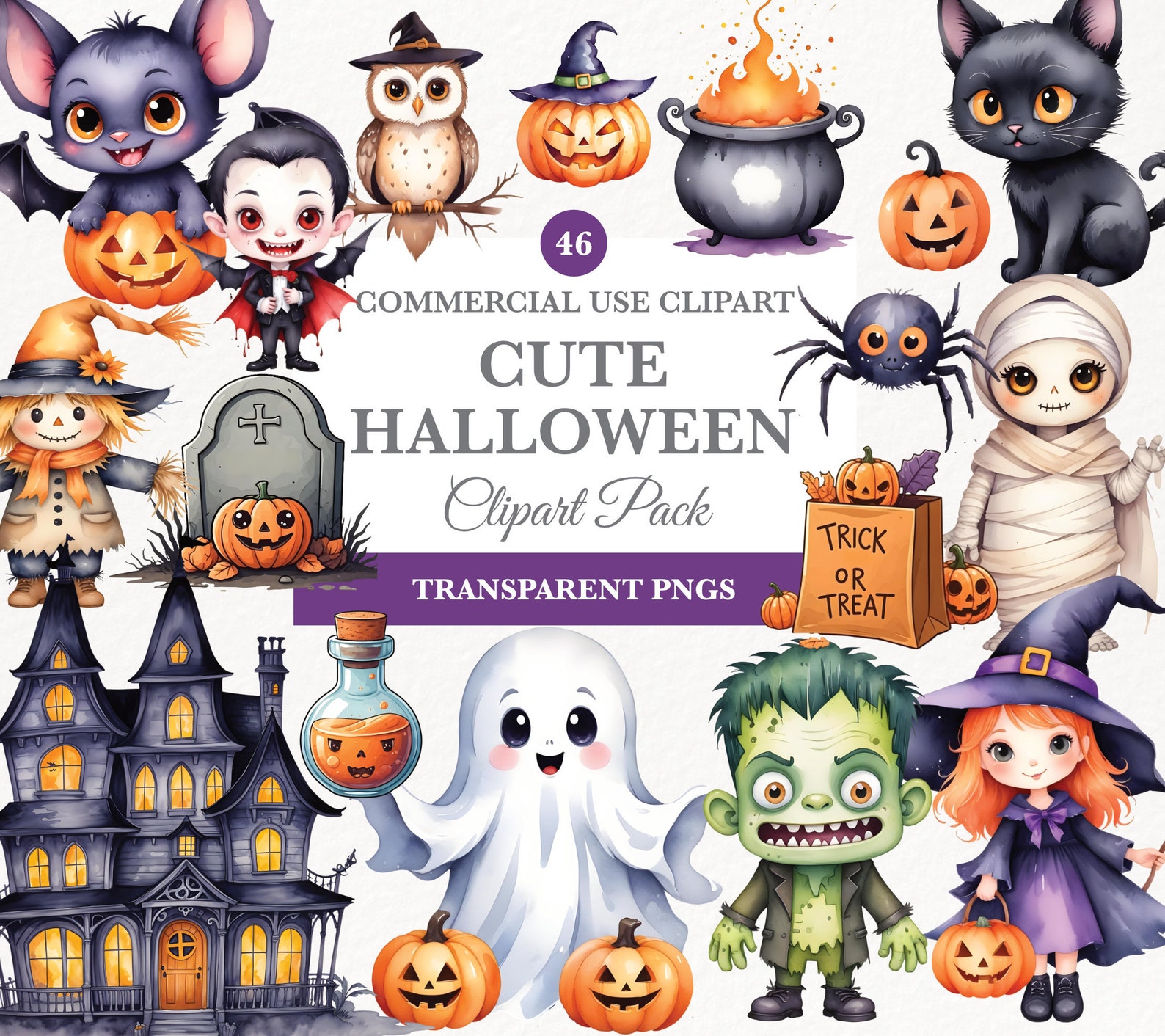 Cute Halloween Watercolor Clipart Bundle, Witch Clipart, Black Cat ...
