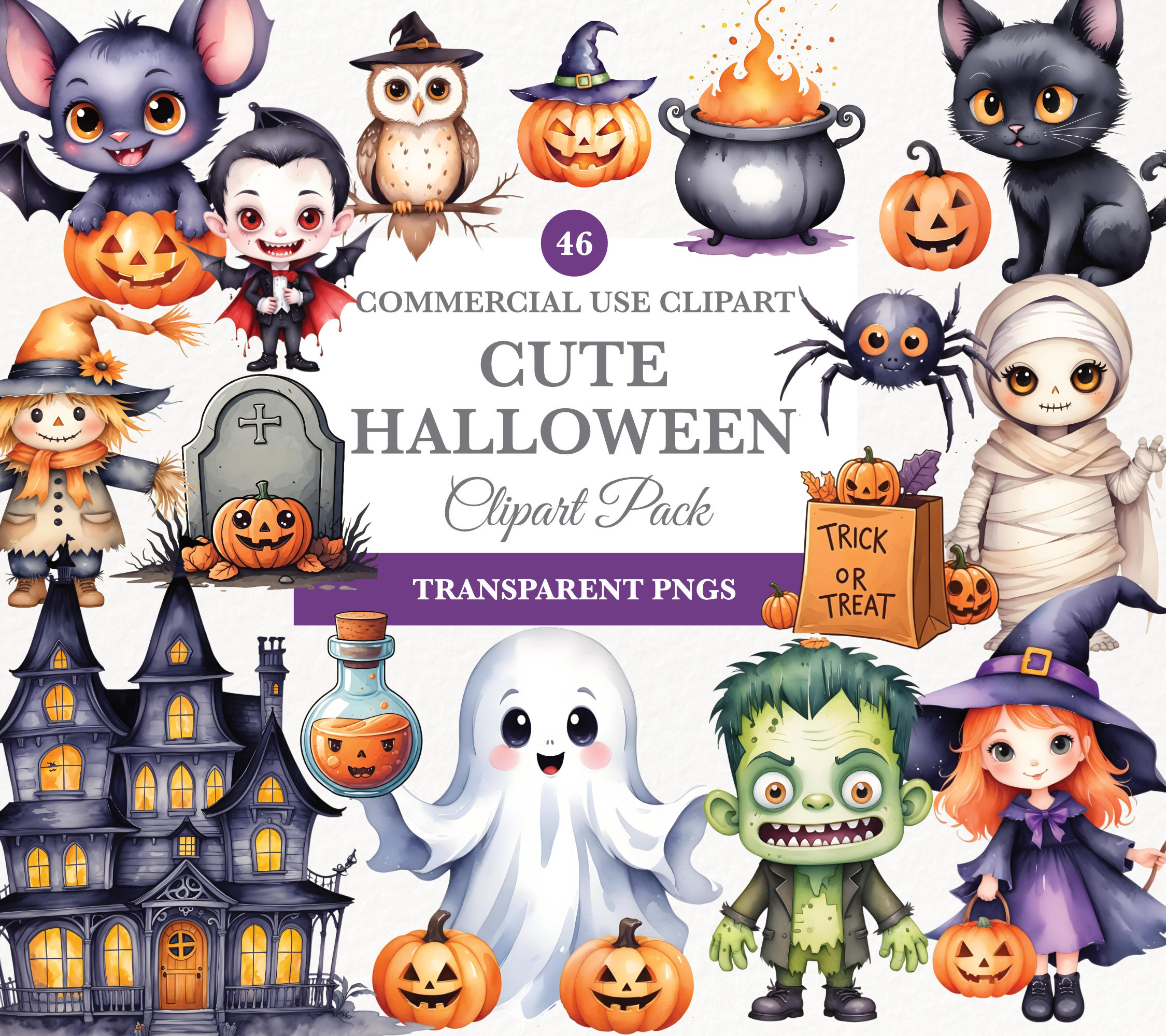 Cute Halloween Watercolor Clipart Bundle, Witch Clipart, Black Cat ...