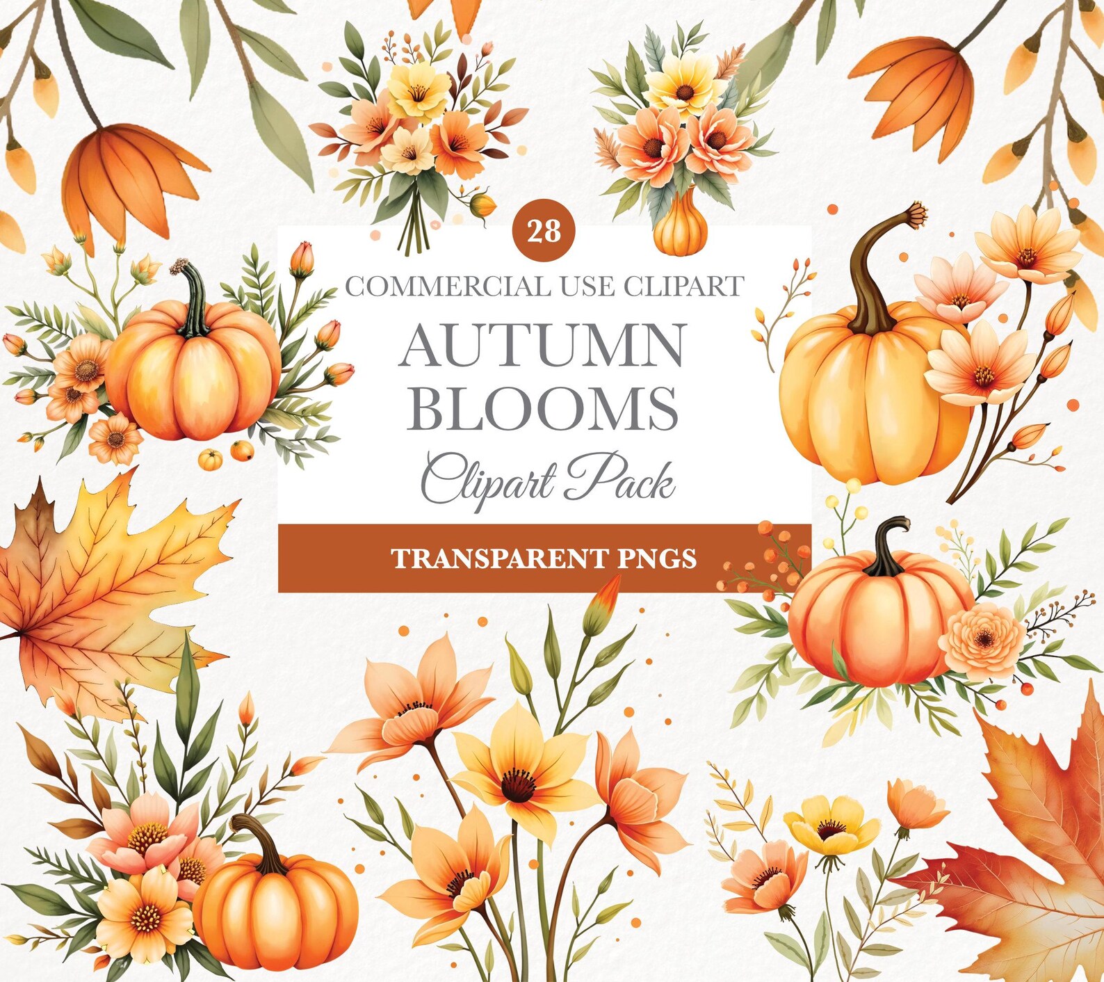 Autumn Bouquets Clipart, Pumpkin Clipart, Terracotta Flowers, Fall ...