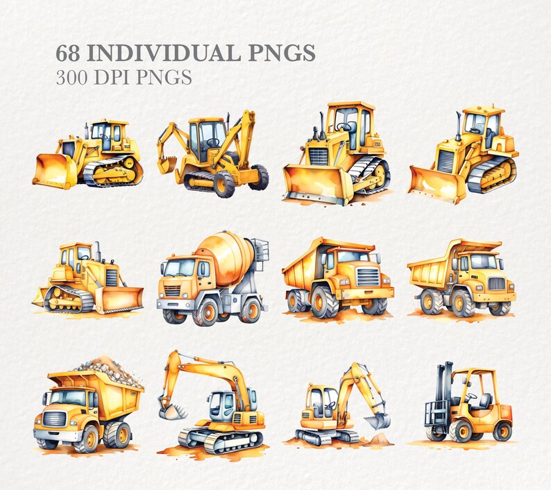 Construction Vehicle Clipart Kids' Watercolor, Bulldozer, Crane, Truck ...