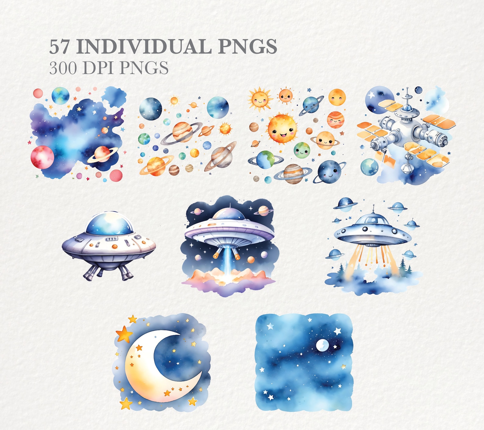 Astronaut and Space Watercolor Clipart, Cute Outerspace Clipart, Rocket ...