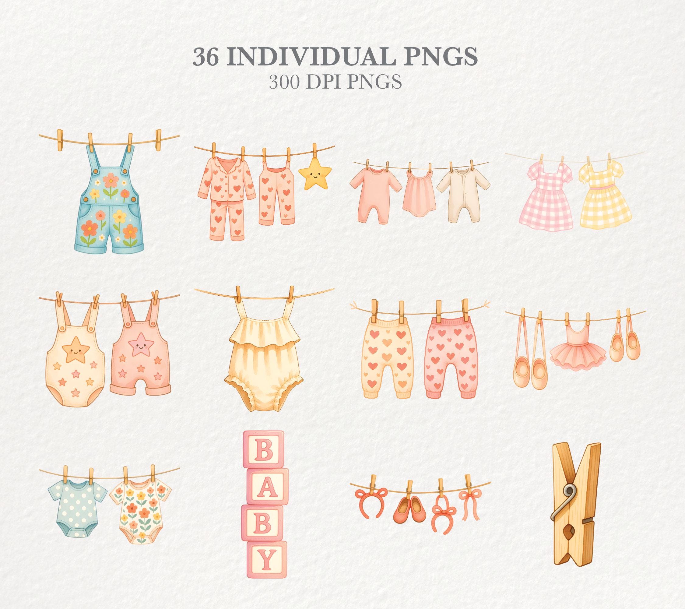 Baby Girl Clothesline Clipart, Watercolor Newborn Art, Digital Download ...