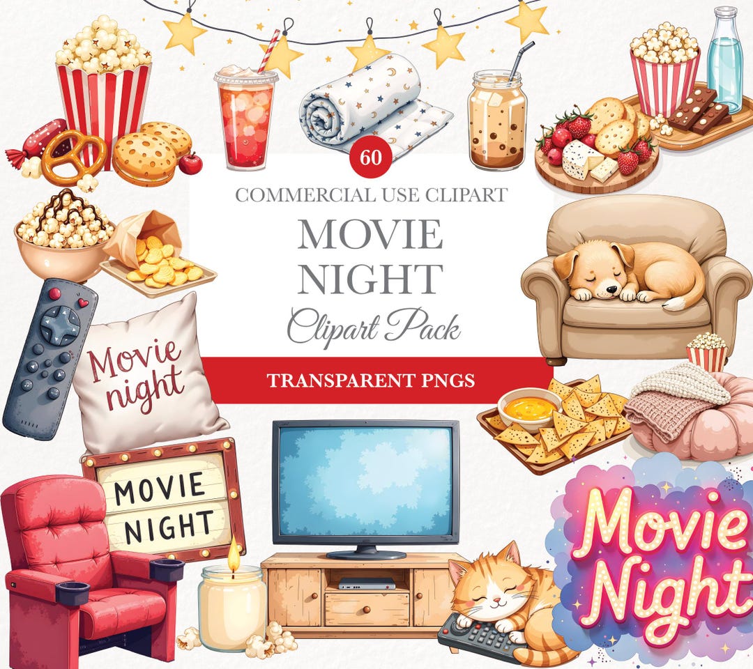 Movie Night Clipart, Digital Download, Cinema Graphics, Popcorn Art ...