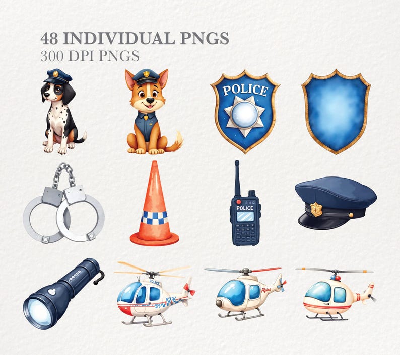 Watercolor Cute Police Clipart for Kids, Police Vehicles, Watercolor ...