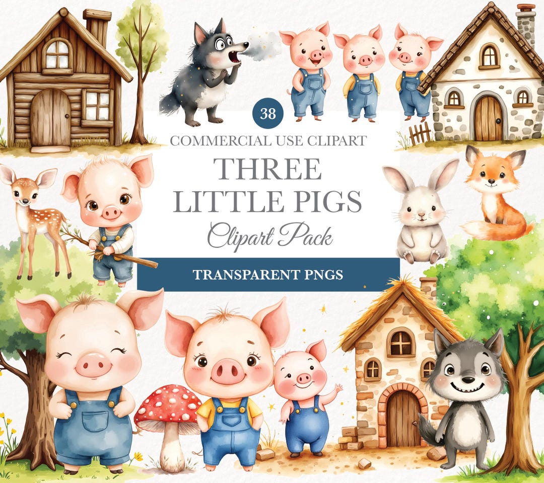 Three Little Pigs Clipart , Cute Piglet, Big Bad Wolf, Fairy Tale ...