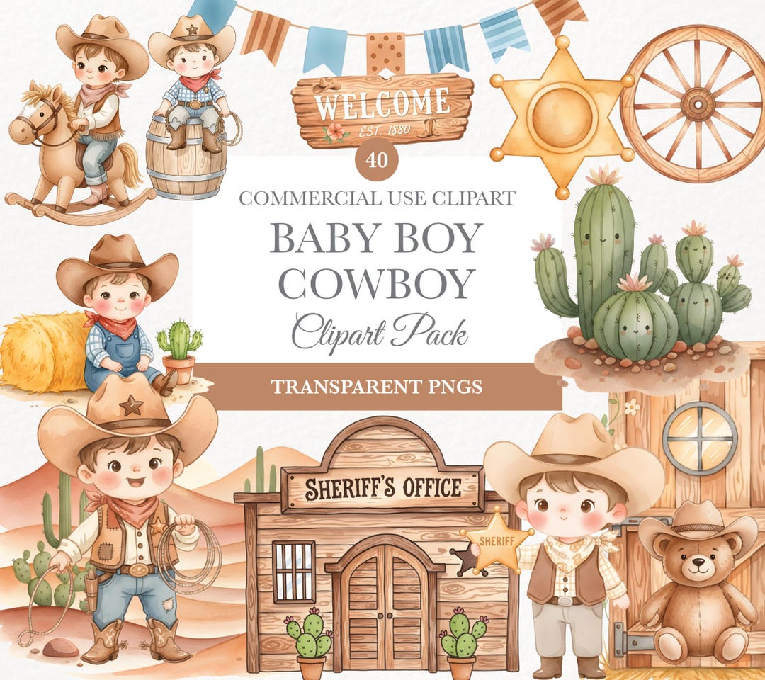 Babypojke Cowboy Clipart, västerländsk barnrumskonst, babyshowergrafik ...