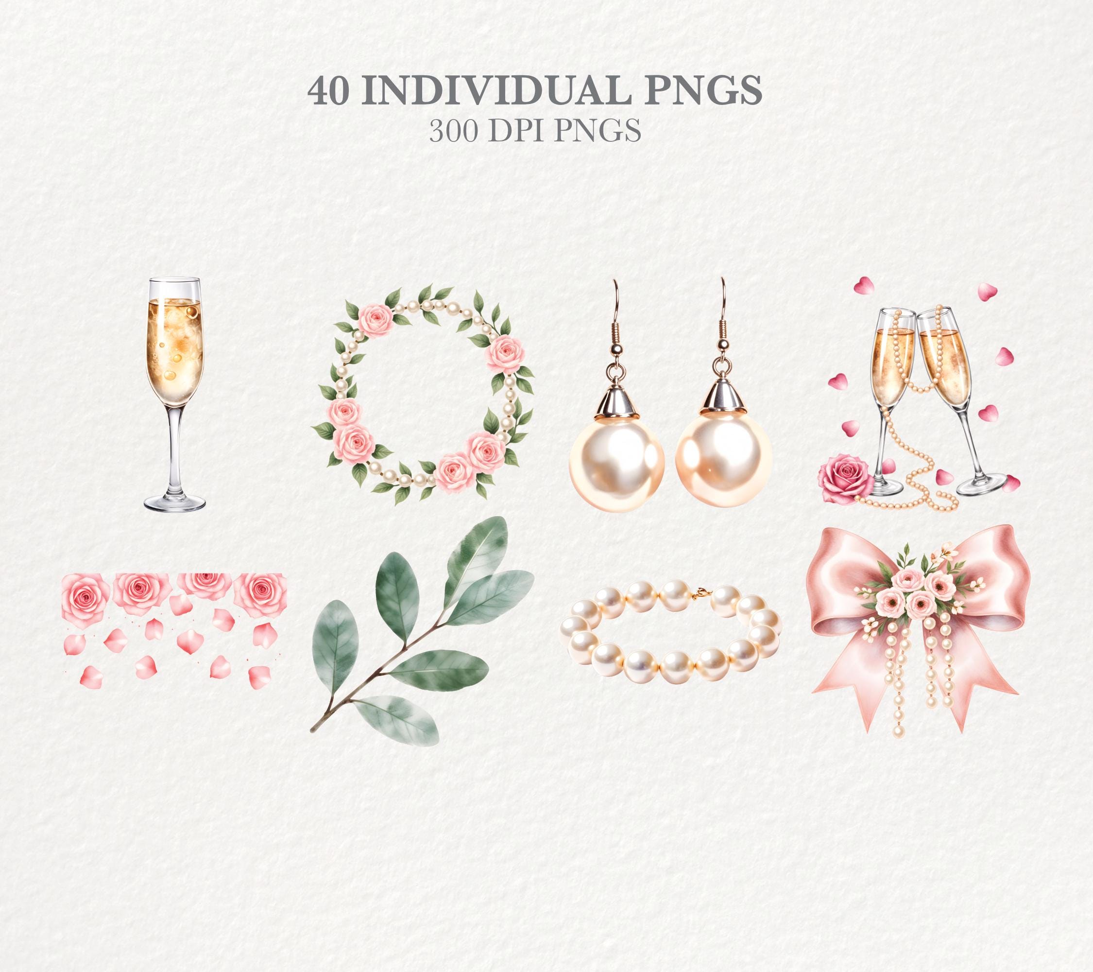 Pearls and Prosecco Clipart: Watercolor Champagne Graphics for Bridal ...