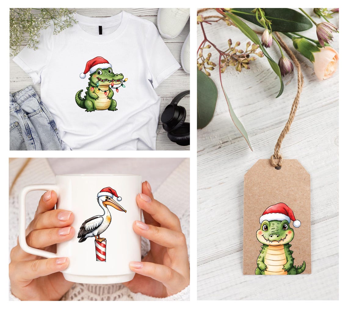 Cajun Christmas Clipart, Watercolor Santa and Alligator Art, Southern ...